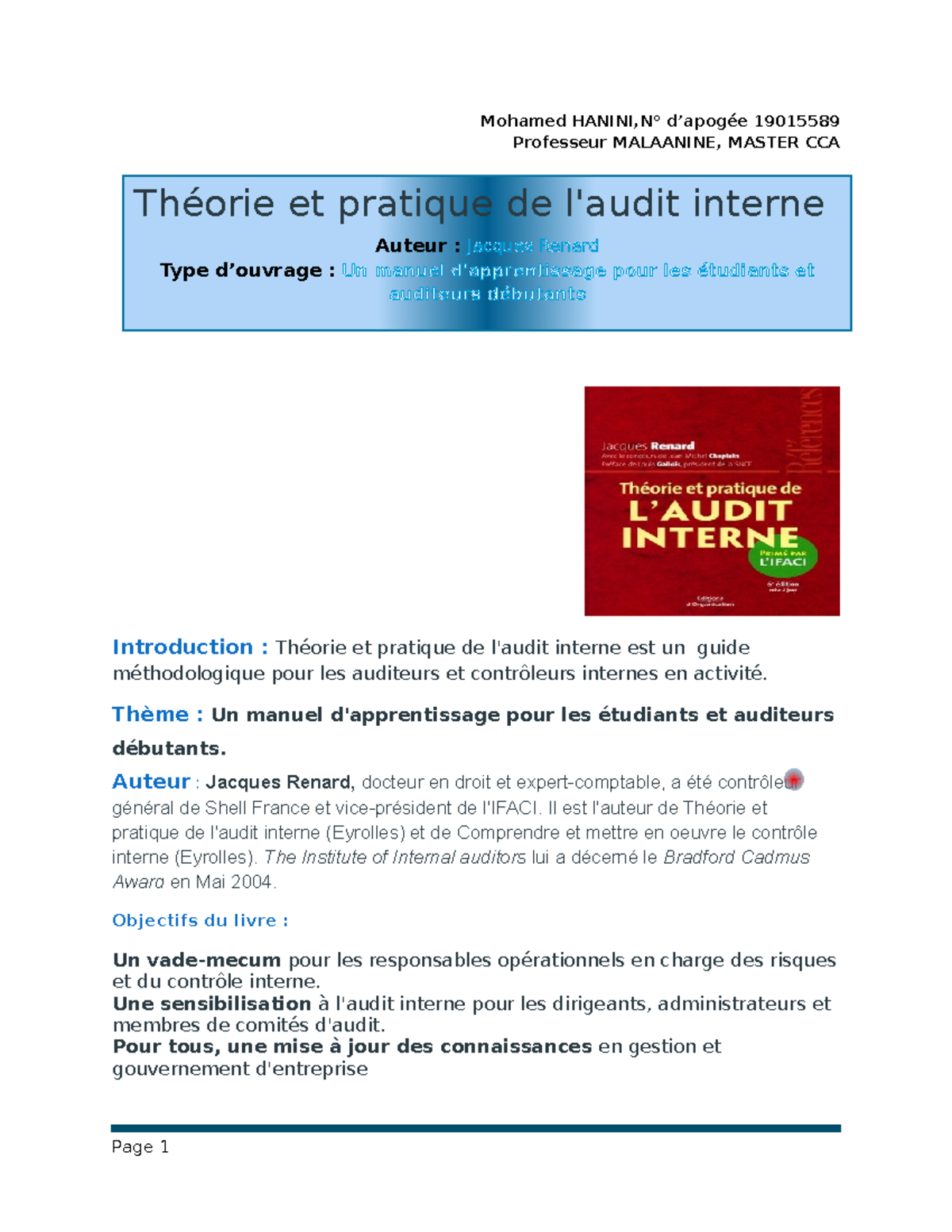 Lecture Fiche: Théorie et Pratique de l'Audit Interne - Master CCA - Studocu