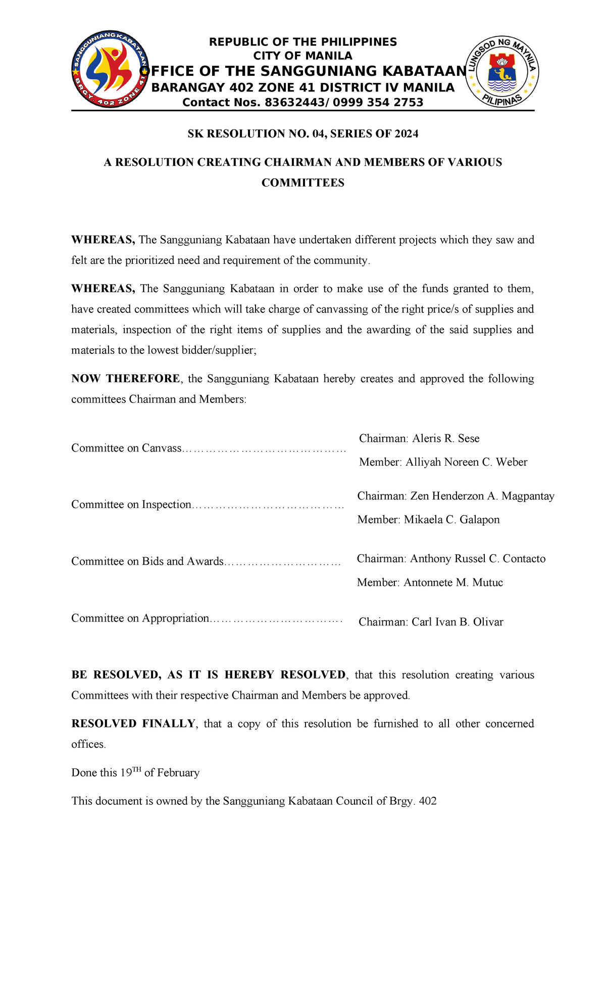 SK Resolution No. 04 Creating Committees - Series 2024 - Studocu