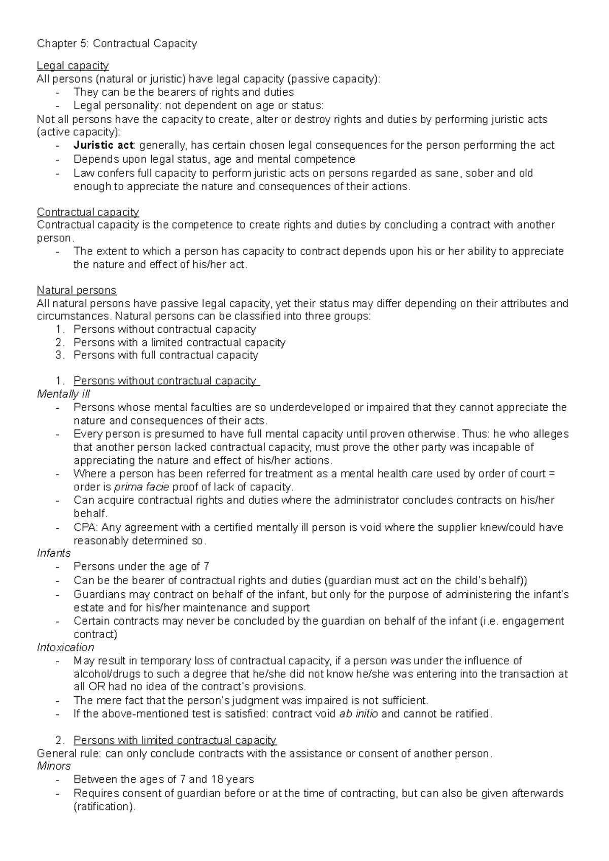 Chapter 5 Summary: Contractual Capacity in Law of Contract 201 - Studocu