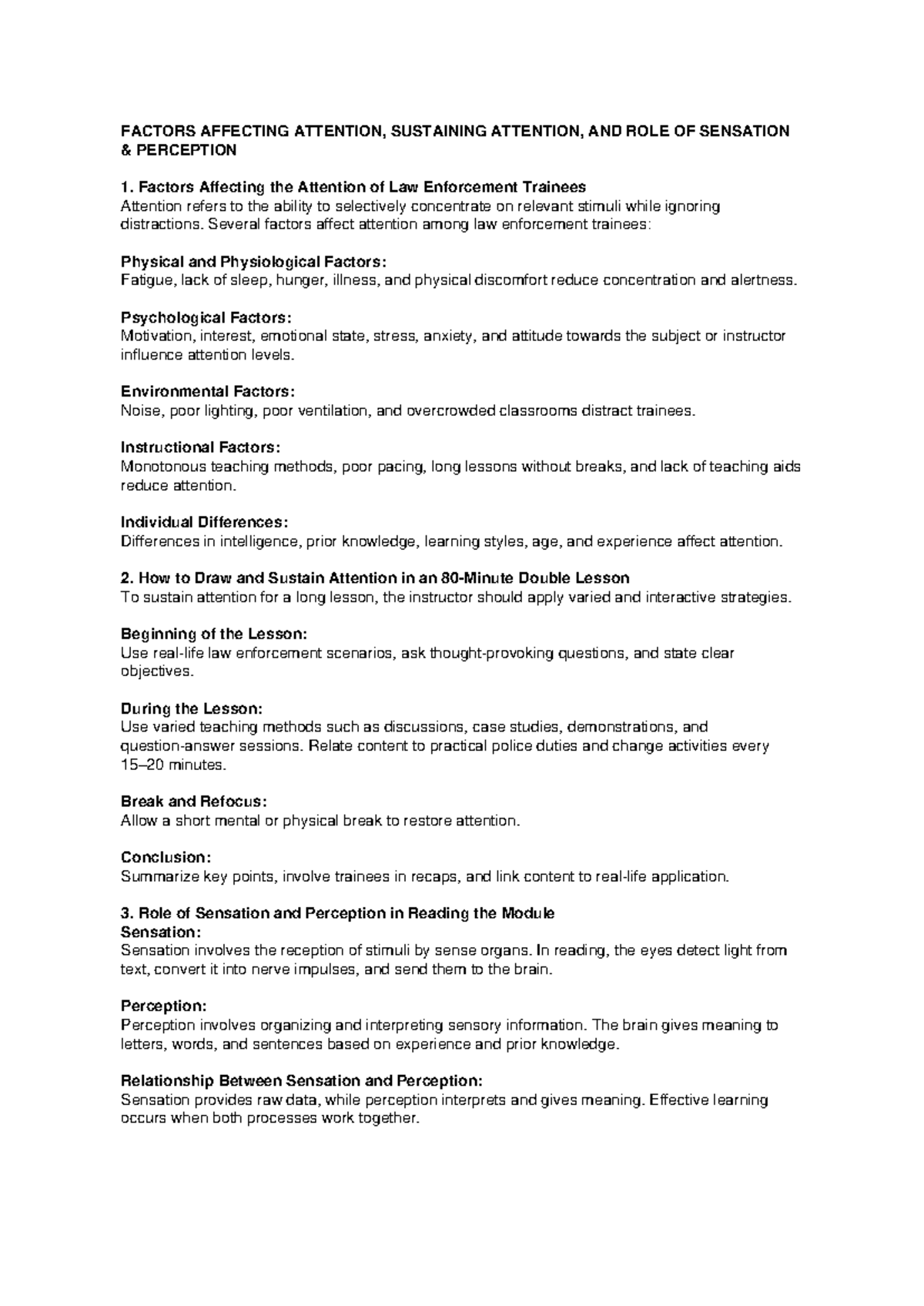 Attention, Sensation, and Perception in Law Enforcement Training - Studocu