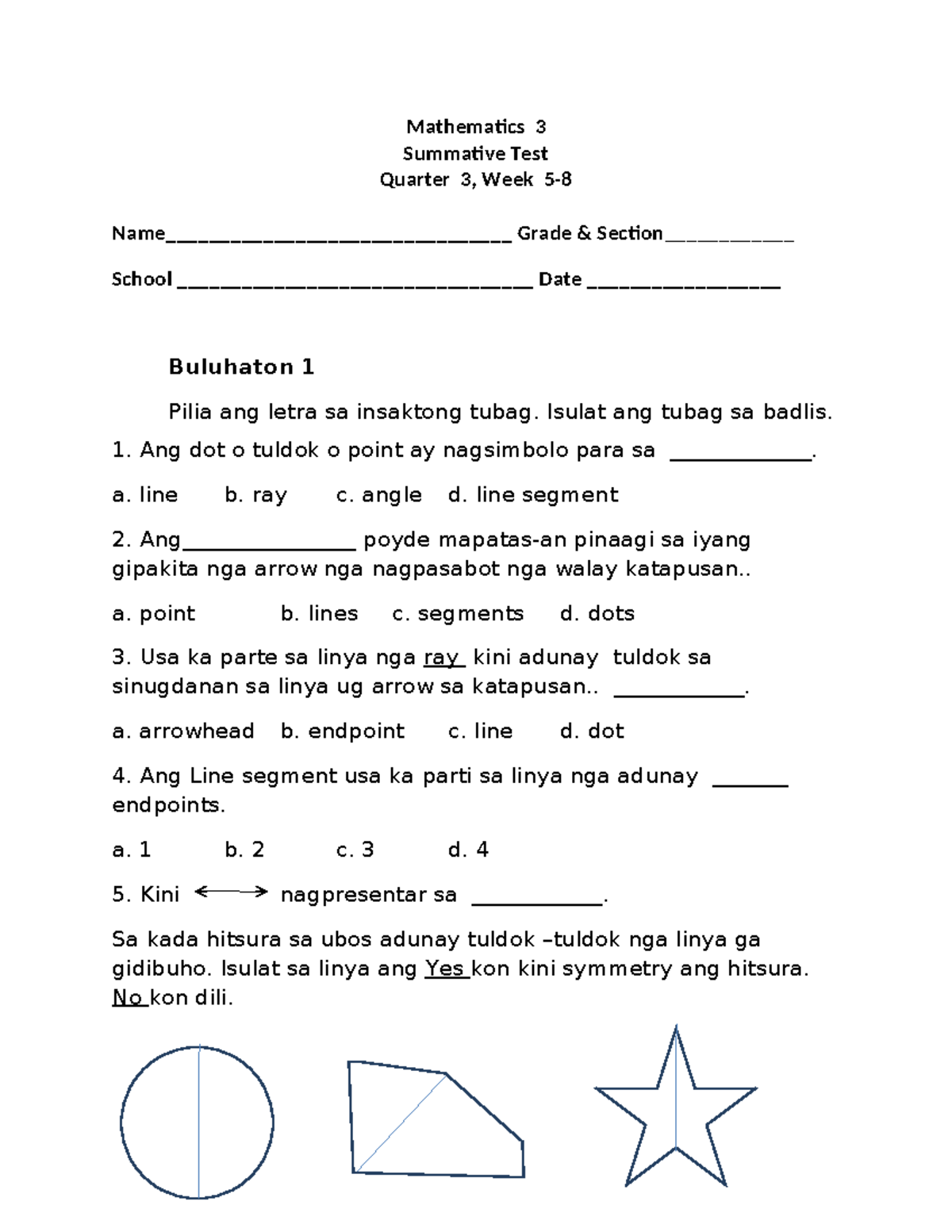527754958 Math 3 Summative Test Week 5 Quarter 3 Preparation - Studocu