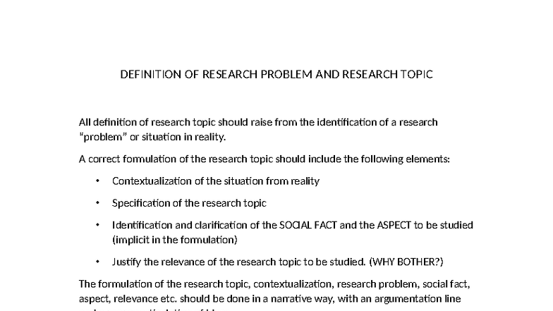 Definition OF Research Problem AND Research Topic exercise - DEFINITION ...