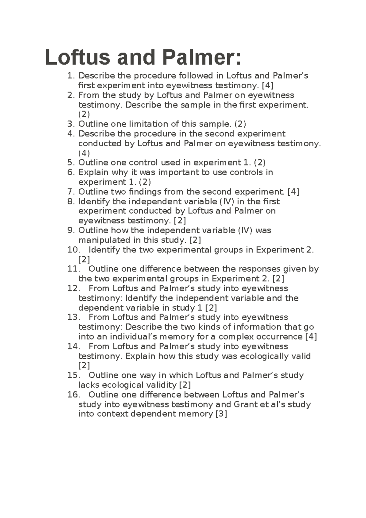 Loftus and Palmer: Eyewitness Testimony Exam Questions (Psych 101 ...