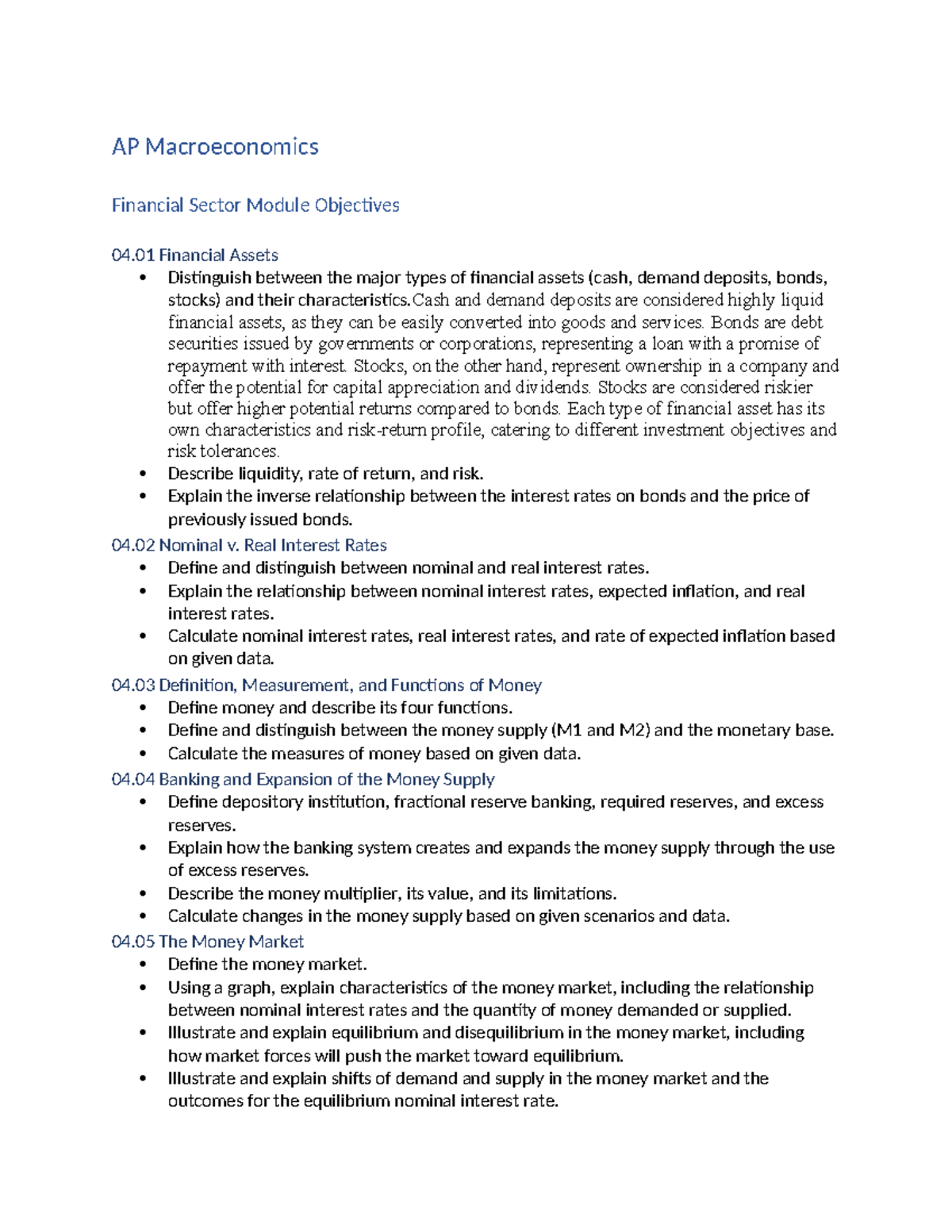 DBA Module 4: Objectives for Financial Sector in AP Macroeconomics ...