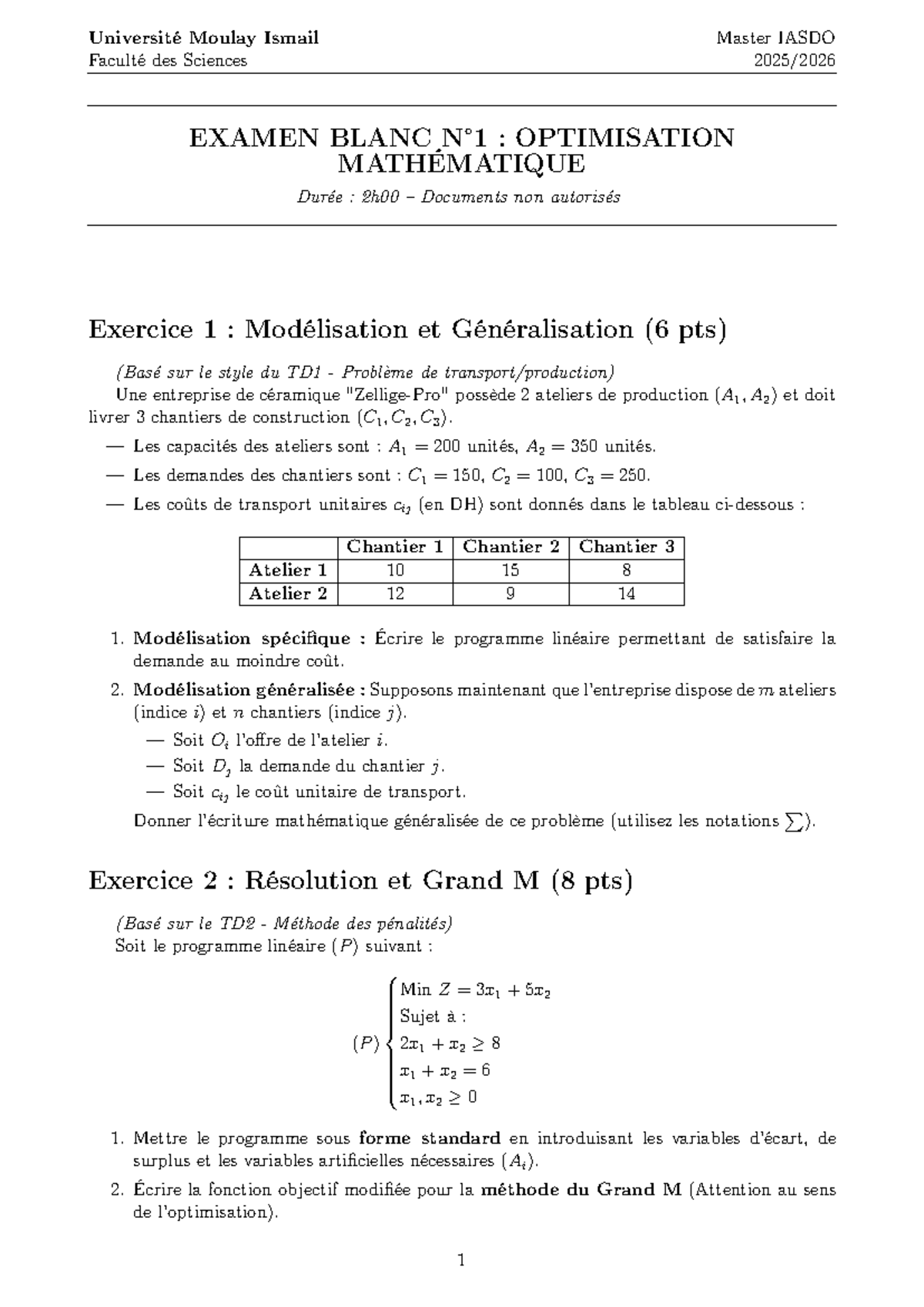 Optimisation Mathématique - Examen Blanc Master IASDO - Studocu