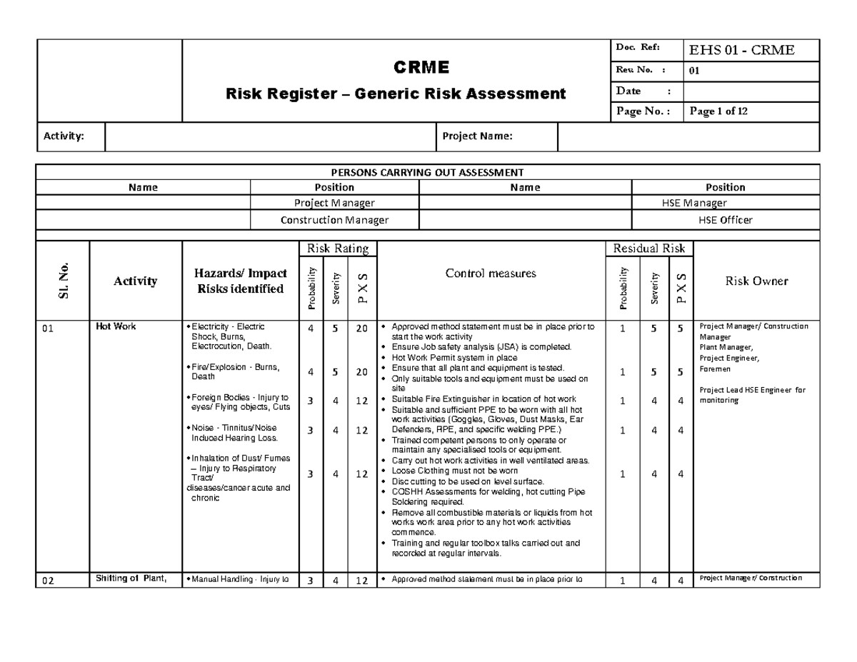 Generic Risk Assessment Register - CRME Project (Rev. 01) - Studocu