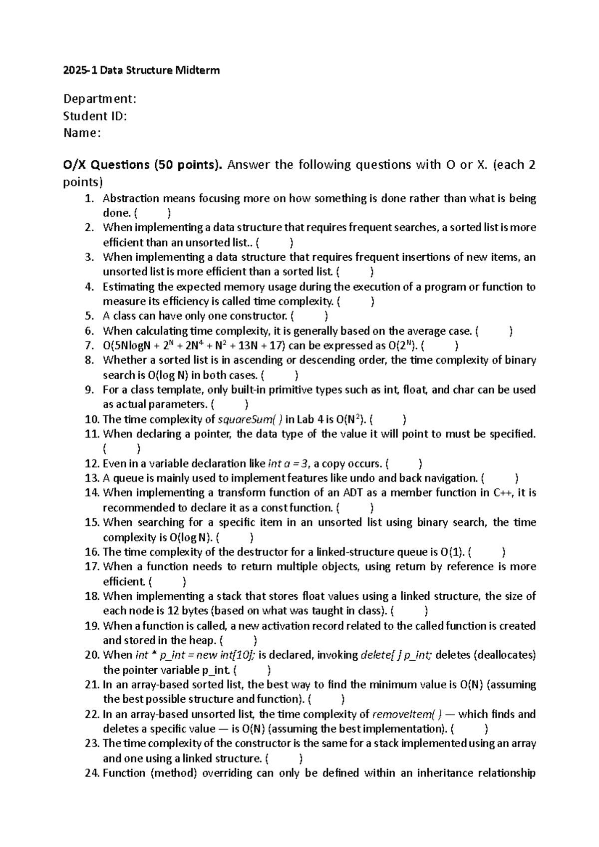 2025-1 Data Structure Midterm Exam Questions and Answers - Studocu