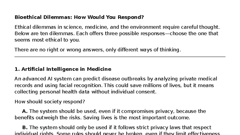 Bioethics 101: Exploring Ethical Dilemmas in Science and Medicine - Studocu