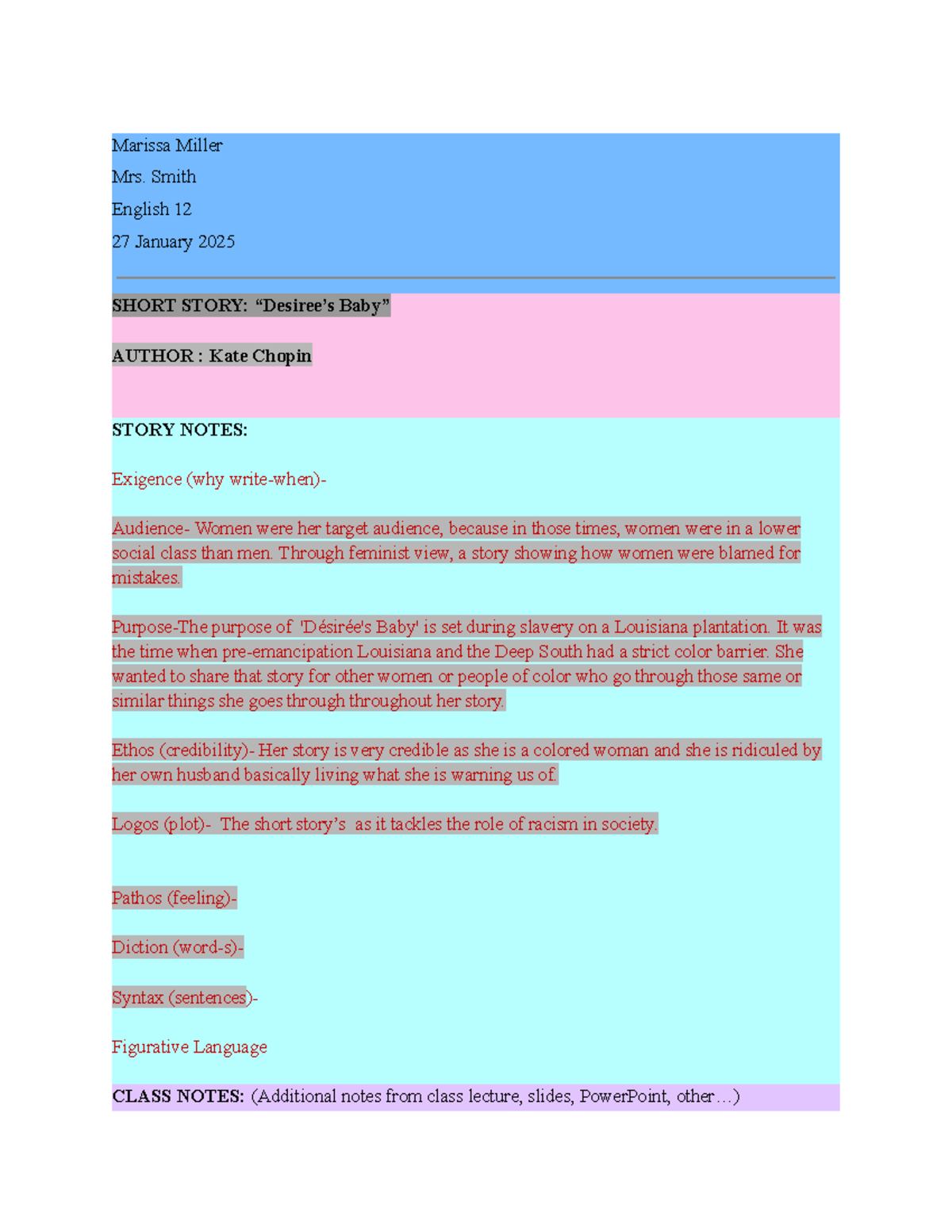 English 12 Essay Notes: Analyzing Desiree's Baby by Kate Chopin - Studocu