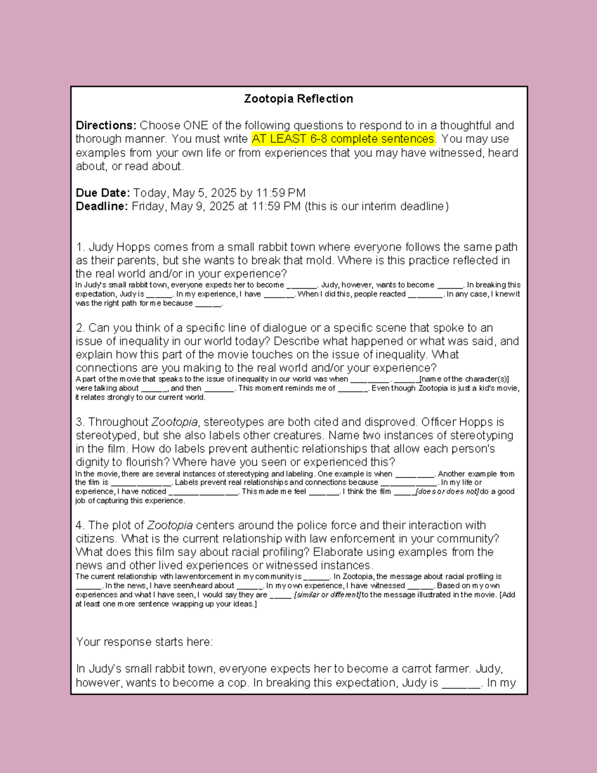 ENG 101 - Zootopia Reflection: Exploring Stereotypes and Inequality ...