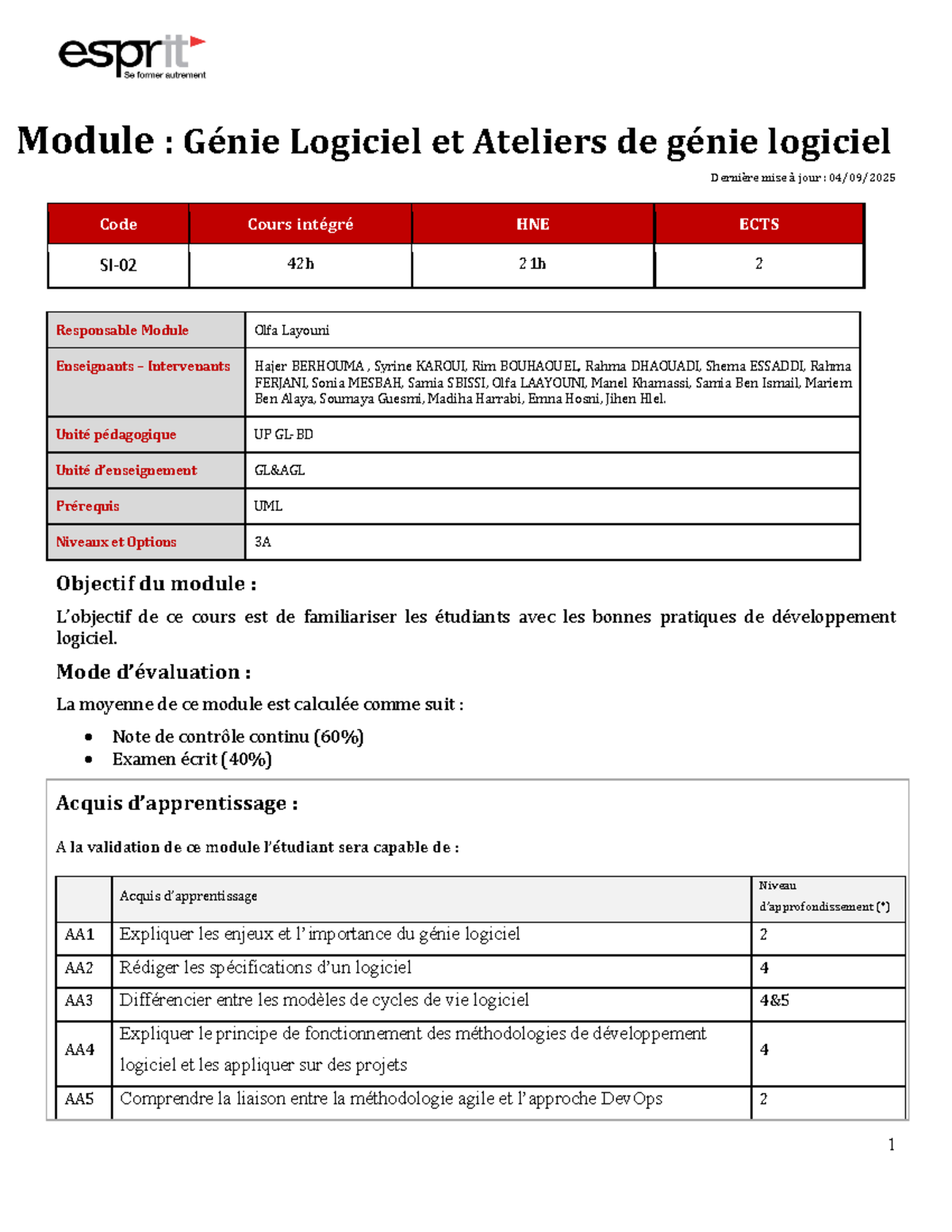 Fiche Module GL 25-26 : Génie Logiciel et Ateliers - Compétences et ...