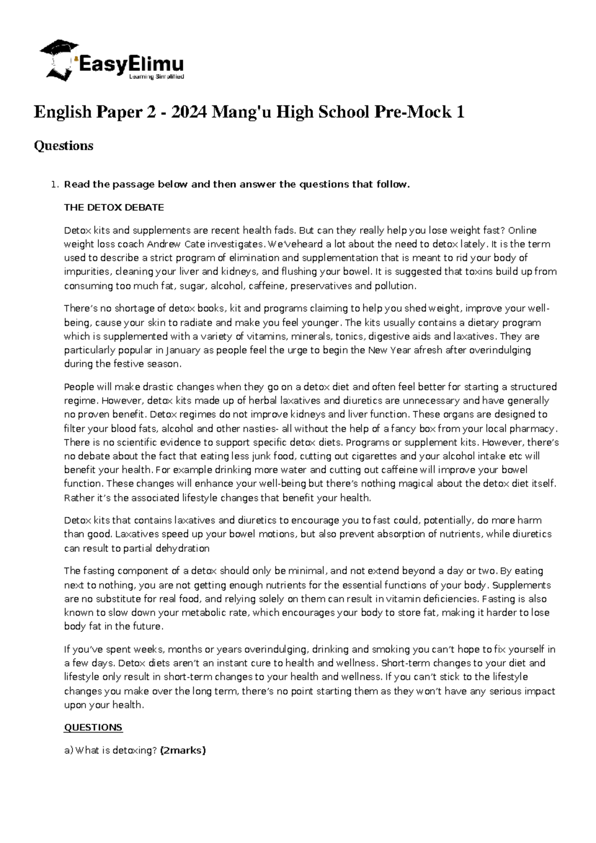 English Paper 2 - 2024 High School Pre-Mock Exam Questions and Answers ...