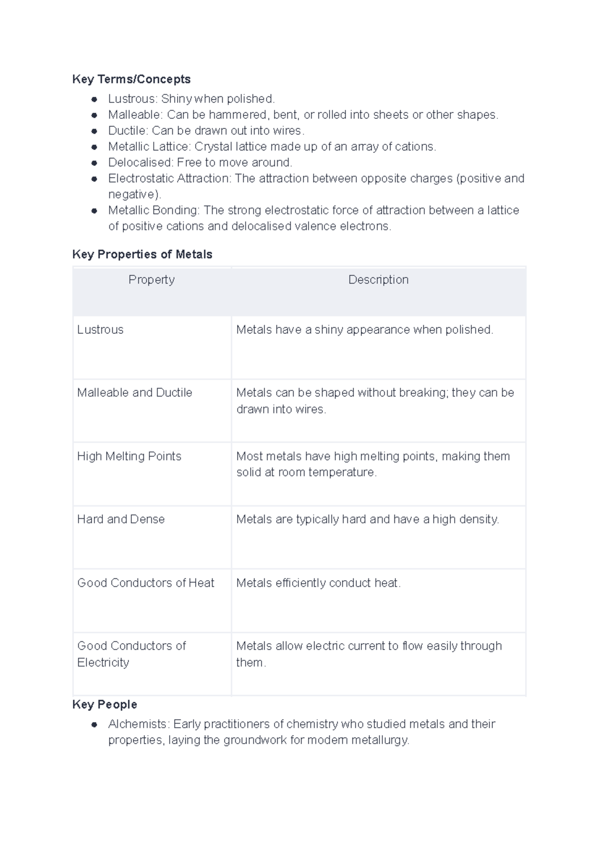 Properties and Reactivity of Metals: Key Concepts and Theories - Studocu