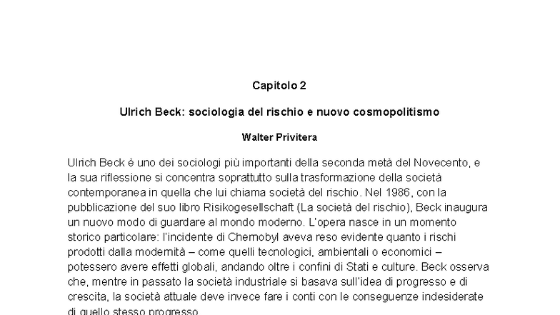 Capitolo 2: Ulrich Beck e la Sociologia del Rischio - Riassunto ...