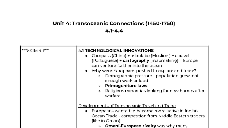 Unit 4: Transoceanic Connections (1450-1750) - WHAP Notes Overview ...