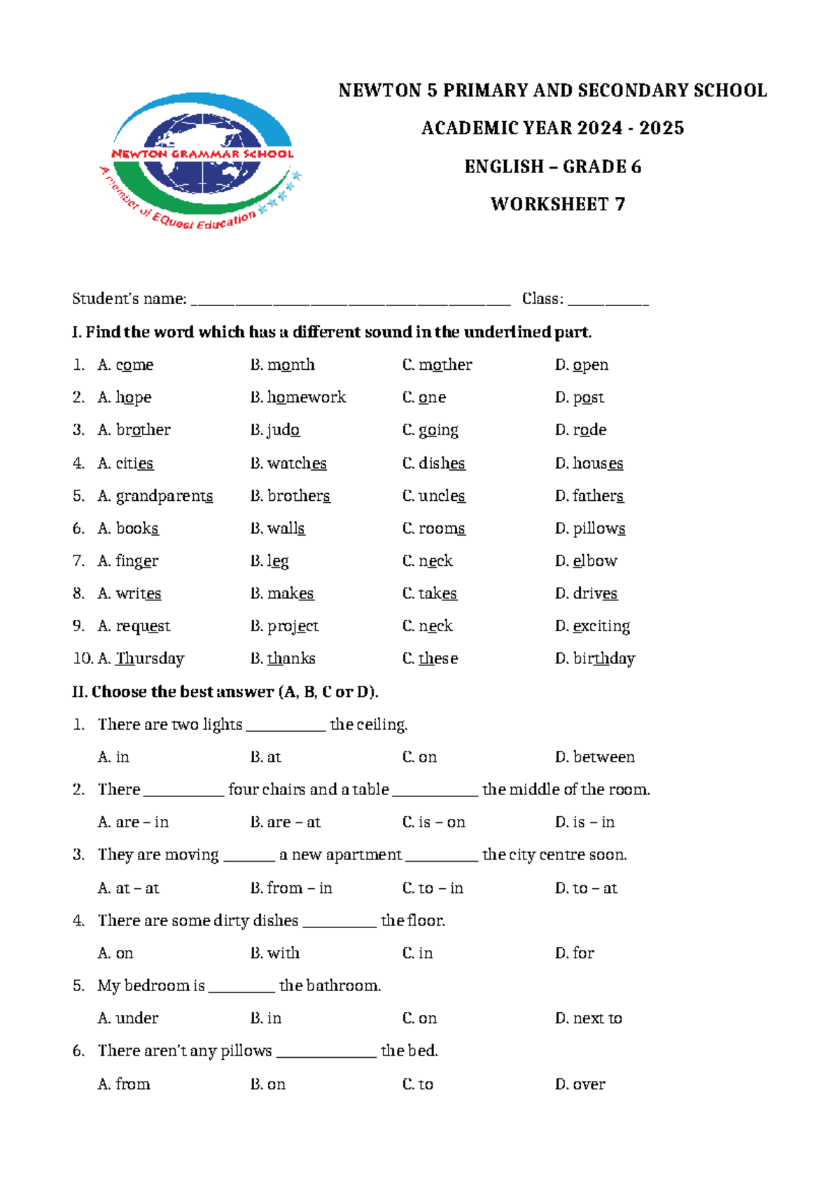 NEWTON 5 GRADE 6 ENGLISH WORKSHEET 7 ACADEMIC YEAR 2024-2025 - Studocu