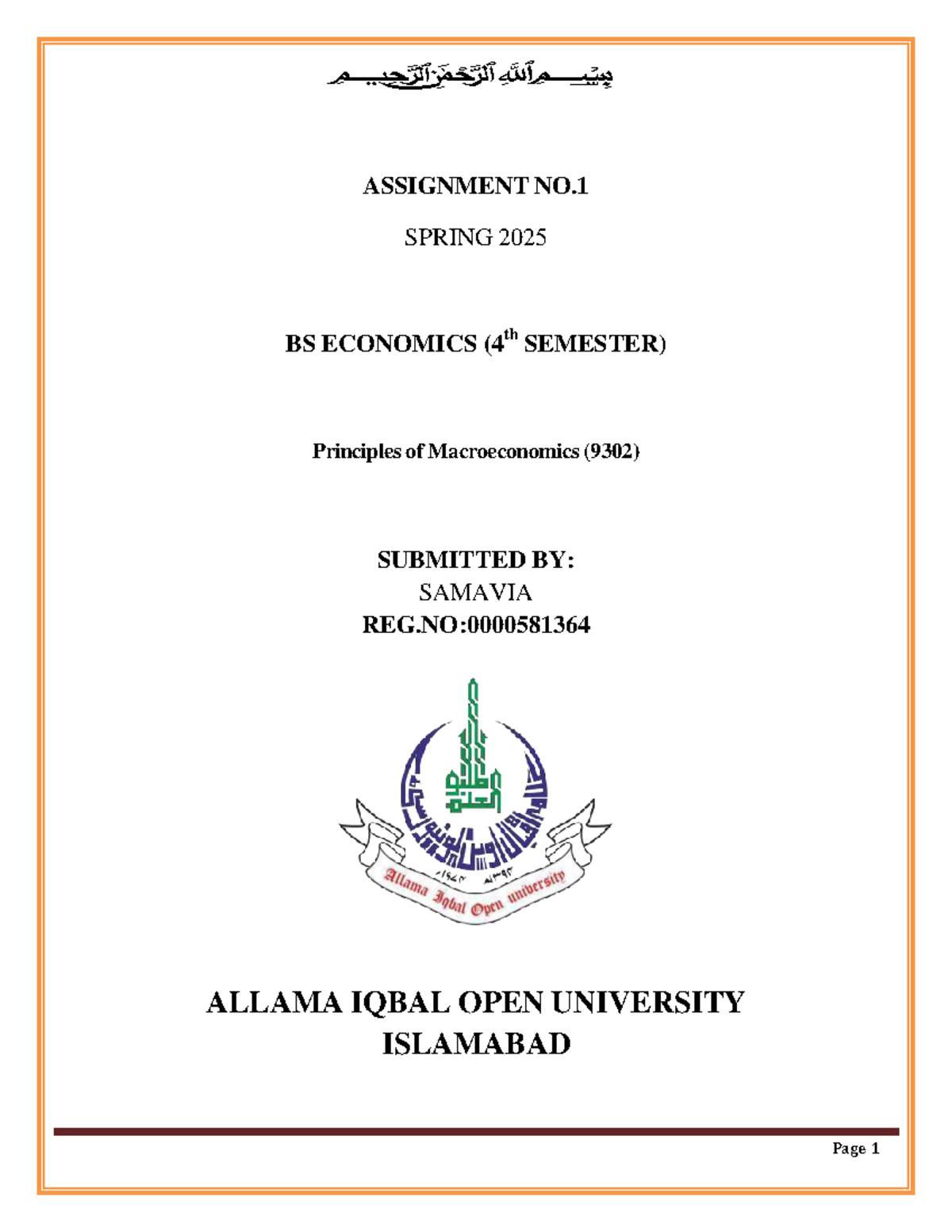 Assignment No. 1: Principles of Macroeconomics (9302) - Spring 2025 ...