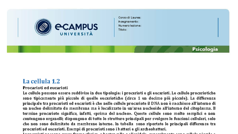 Cellule 3 - Procarioti ed Eucarioti: Struttura e Funzioni - Studocu