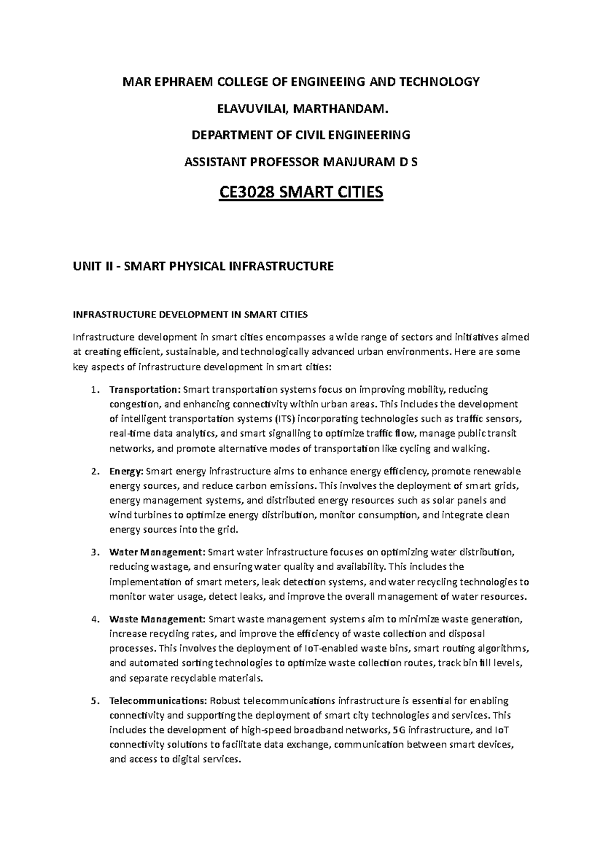 CE3028 Unit II: Smart Physical Infrastructure in Smart Cities - Studocu