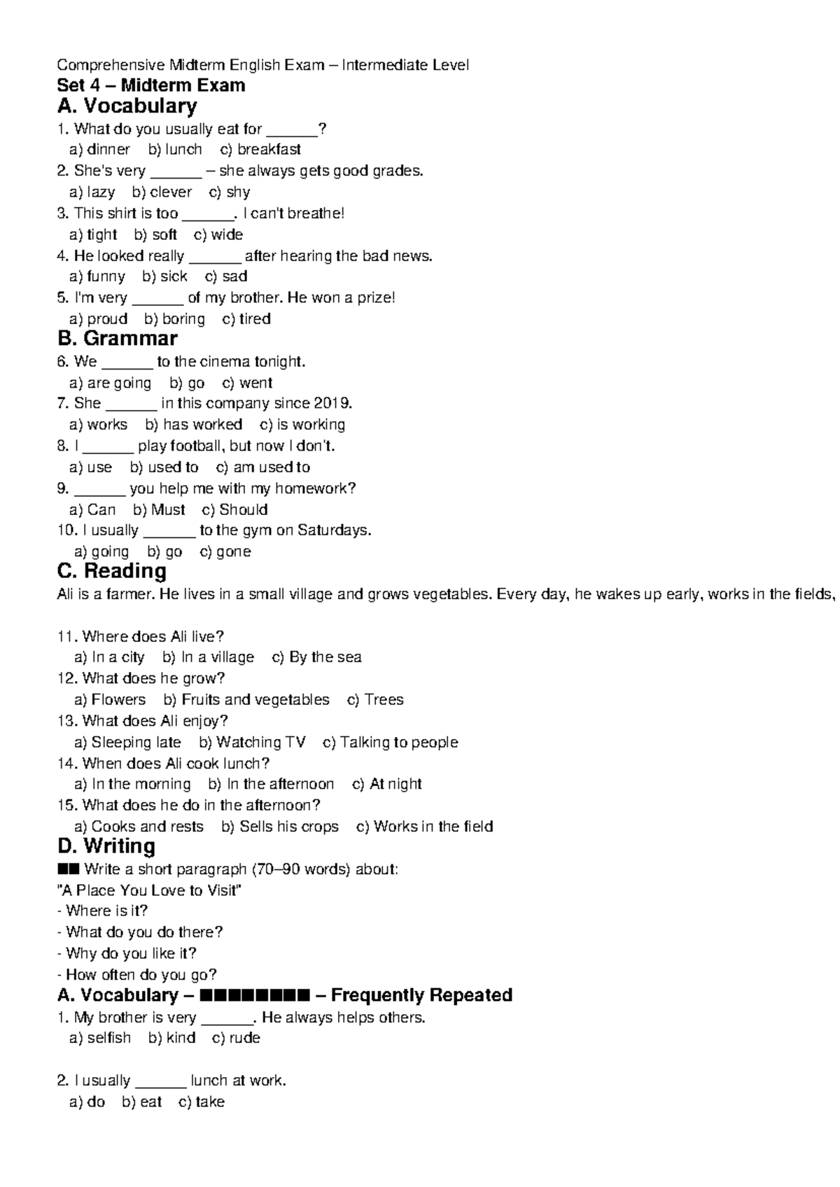 Comprehensive Midterm English Exam (Set 4) - Vocabulary, Grammar ...