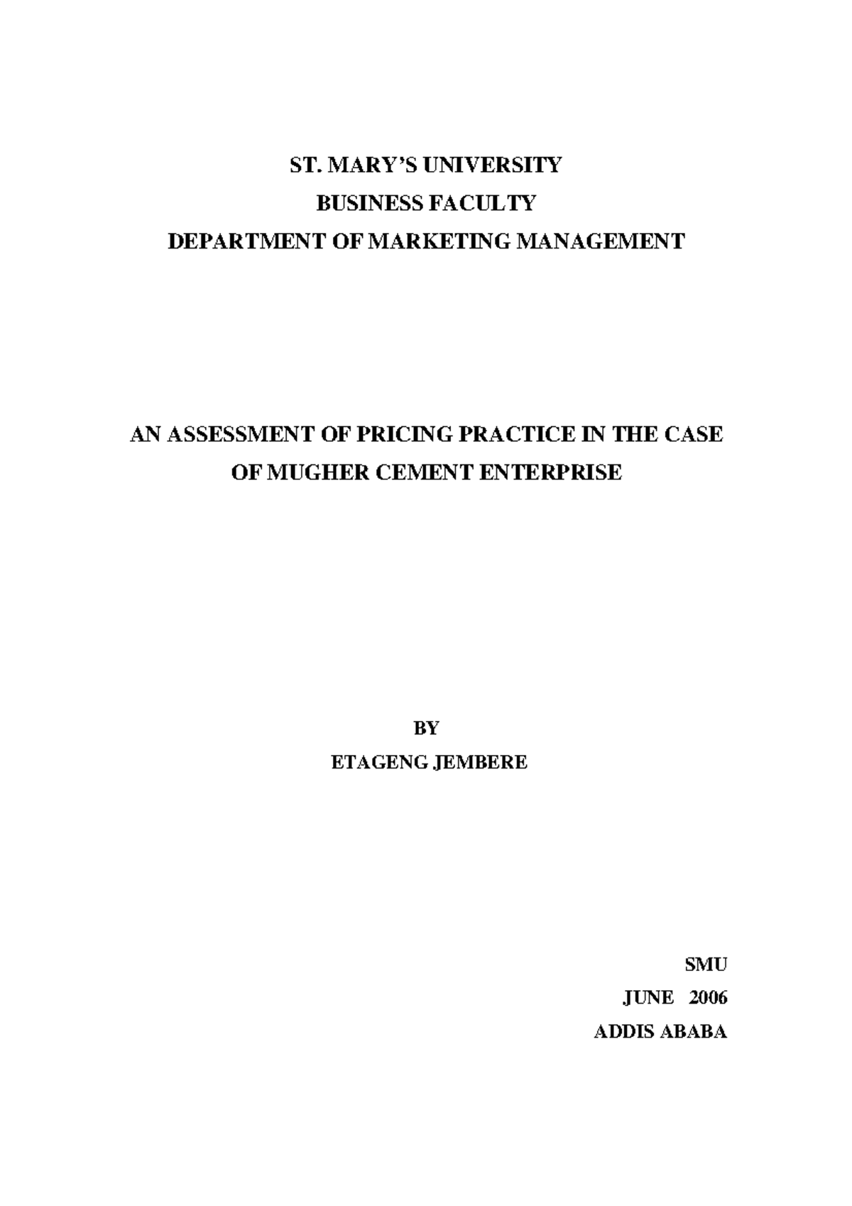 AN ASSESSMENT OF PRICING PRACTICE AT MUGHER CEMENT ENTERPRISE - SMU ...