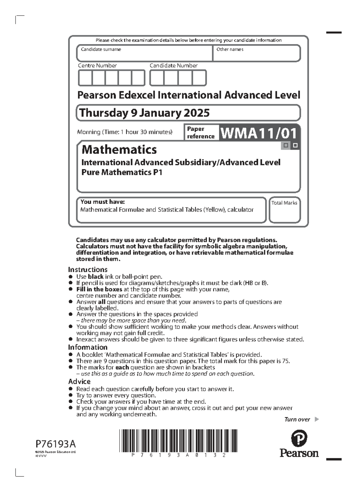 Mathematics IAL P1 Exam Paper - January 2025 (75 Marks) - Studocu