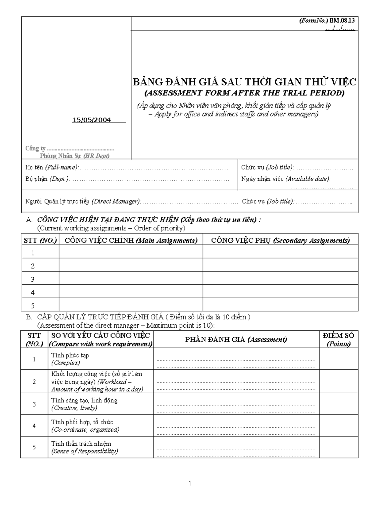 Bảng Đánh Giá Sau Thời Gian Thử Việc (Form No. BM.08.13) - Studocu