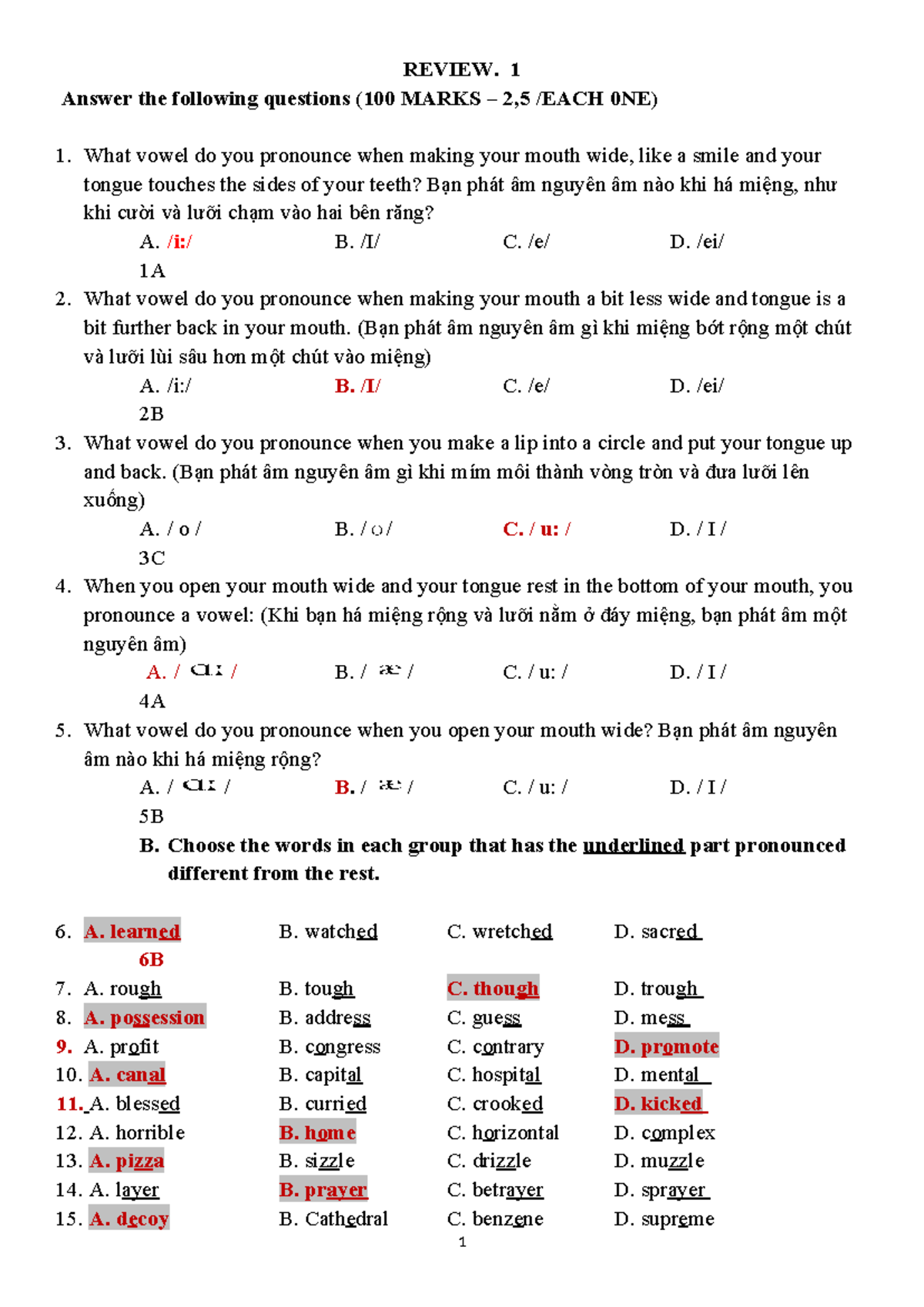 REVIEW: Vowel and Consonant Pronunciation Questions (100 MARKS) - Studocu