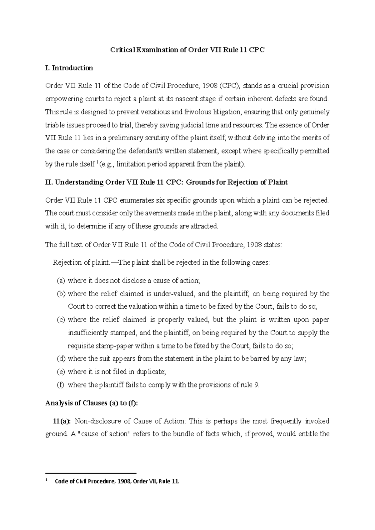 Critical Analysis of Order VII Rule 11 CPC: Grounds & Implications ...