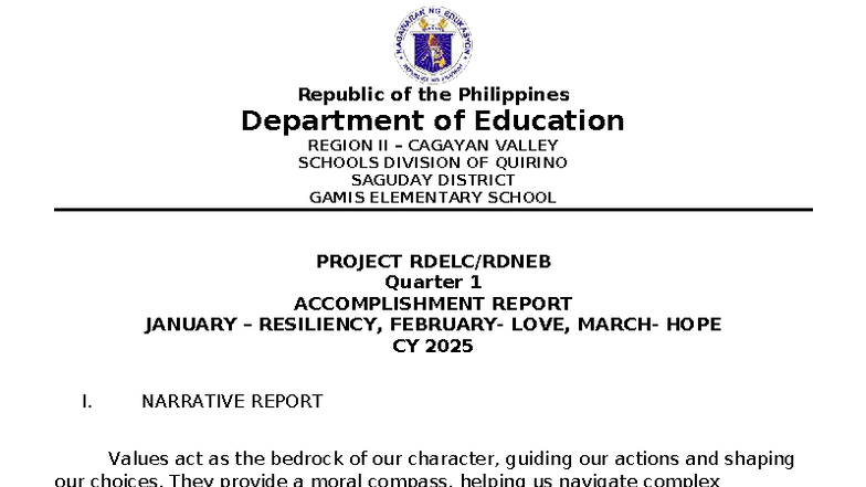 1ST Quarter Accomplishment Report: Project RDNEB - Gamis ES - Studocu