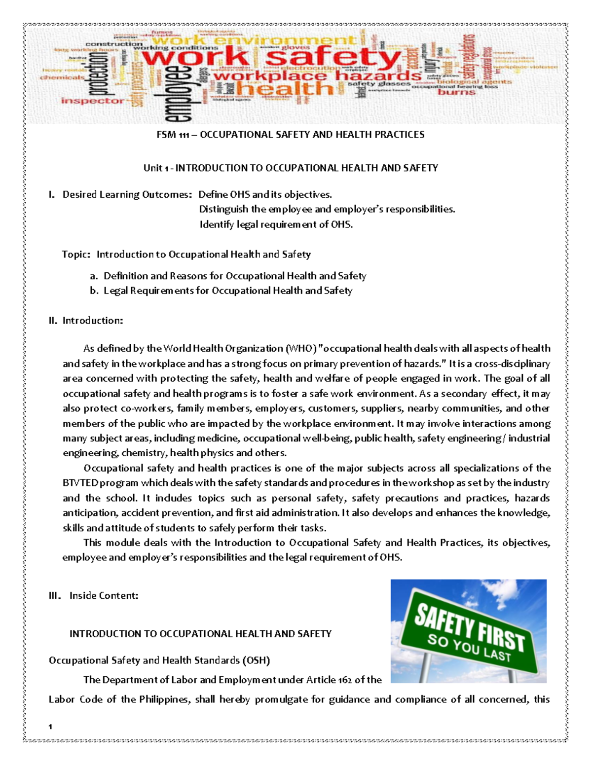 Unit 1 - Introduction to Occupational Health and Safety ...