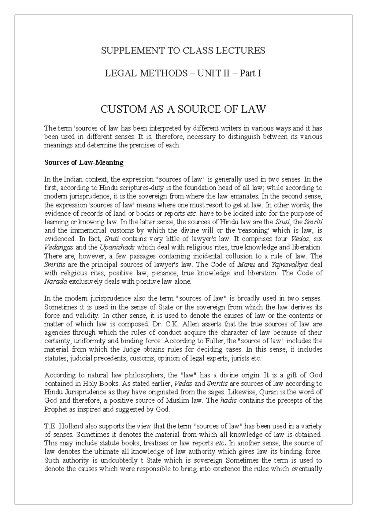 Legal Methods Unit II: Custom as a Source of Law - Lecture Notes - Studocu
