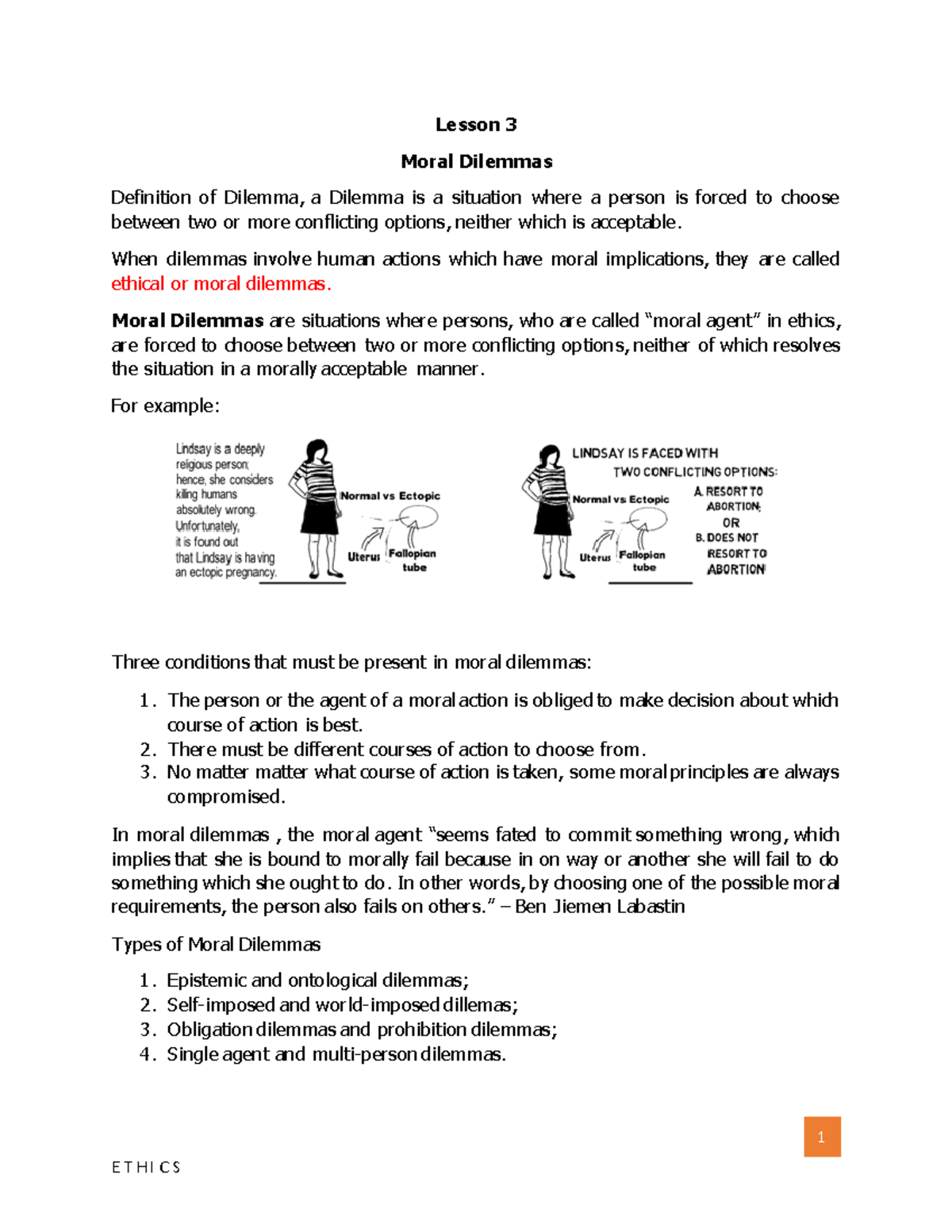 Lesson 3- Ethics - The Moral Dilemmas - [AUTHOR NAME] 1 E T H I C S ...