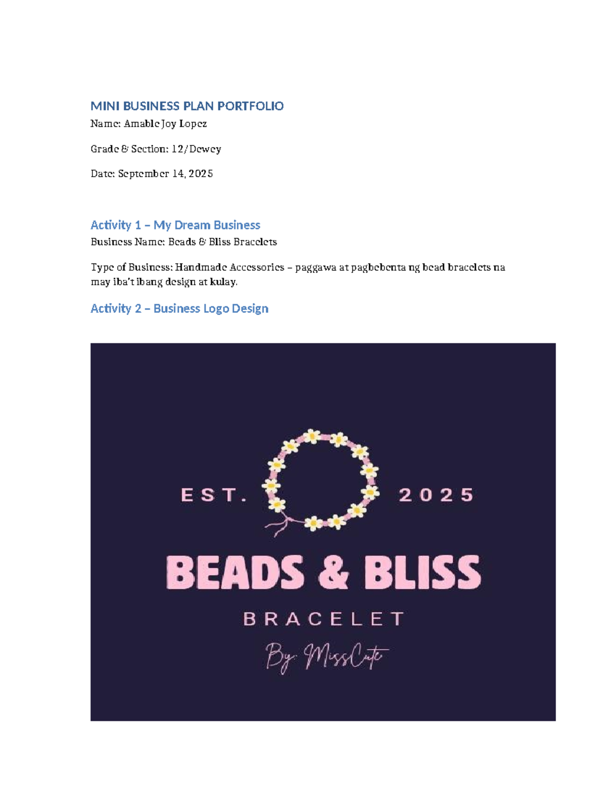 MINI BUSINESS PLAN PORTFOLIO: Beads & Bliss Bracelets - Studocu