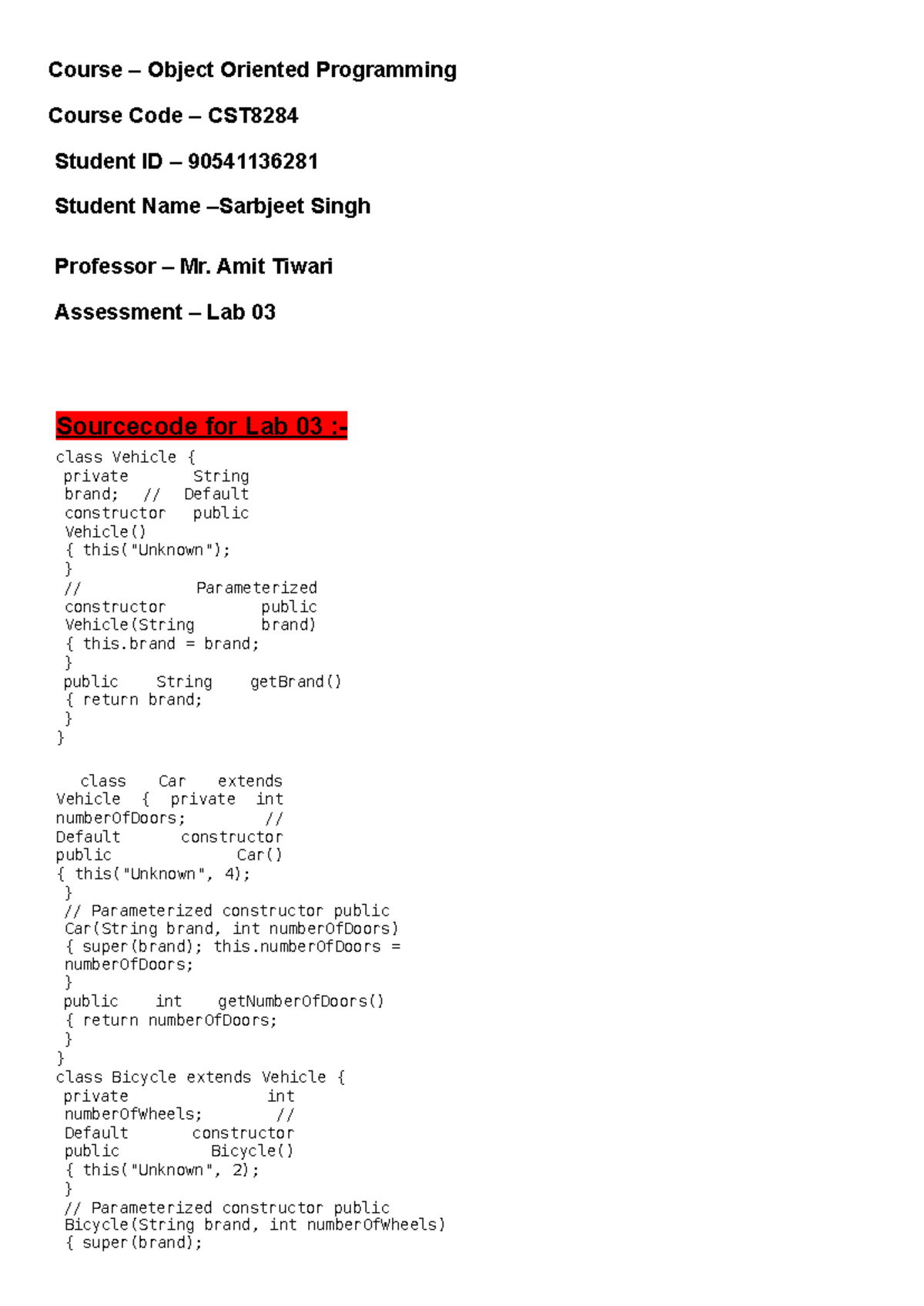 CST8284 - Lab 03: Object-Oriented Programming Vehicle Classes - Studocu
