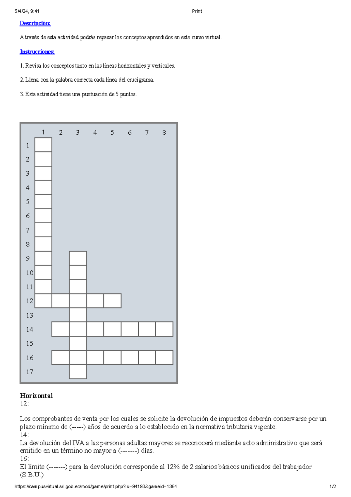 Ejercicio de Crucigrama - Repaso de Conceptos del Curso - Studocu