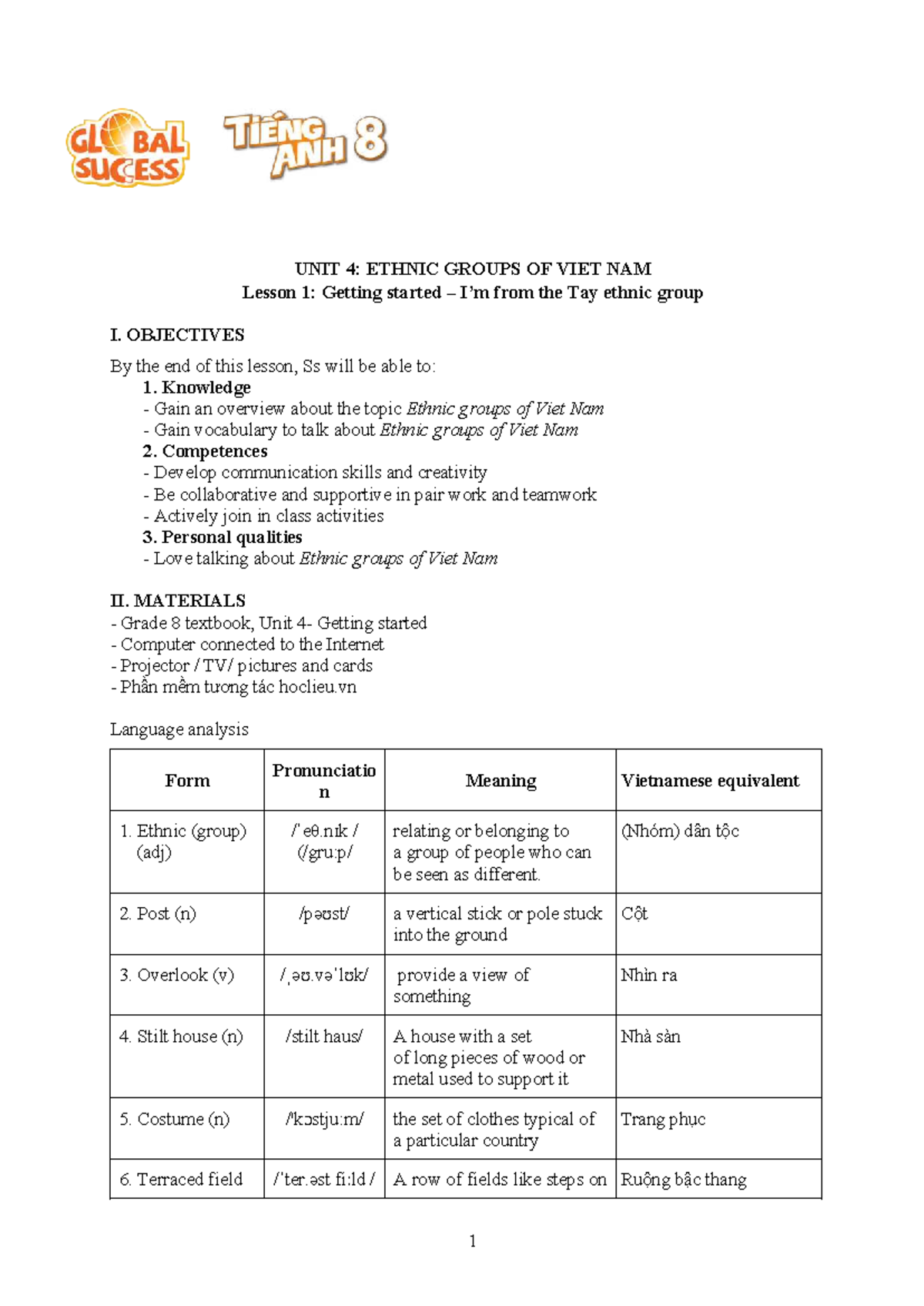 UNIT 4: ETHNIC GROUPS OF VIET NAM Lesson 1: Getting Started with the ...