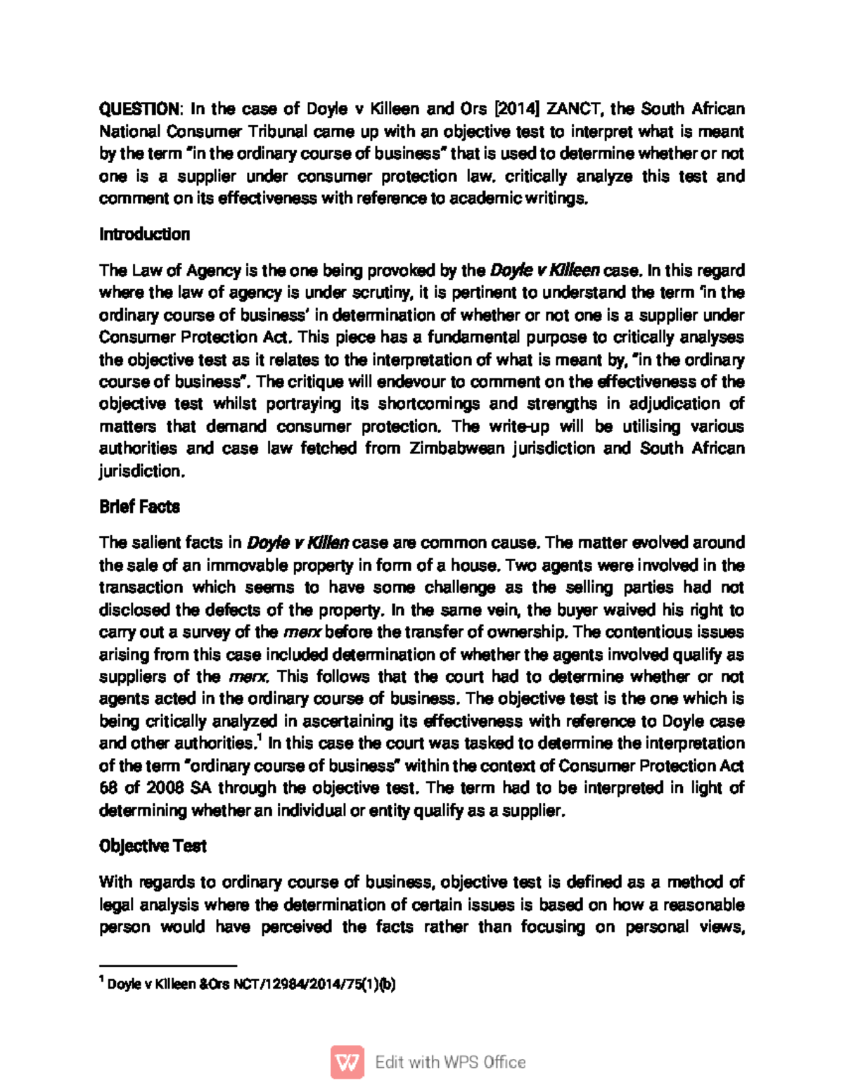 Critical Analysis of the Objective Test in Doyle v Killeen: A Consumer ...