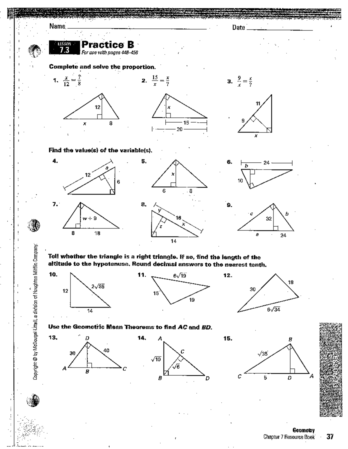 H-GEO Section 7 - Practice Worksheet on Proportions & Triangles - Studocu