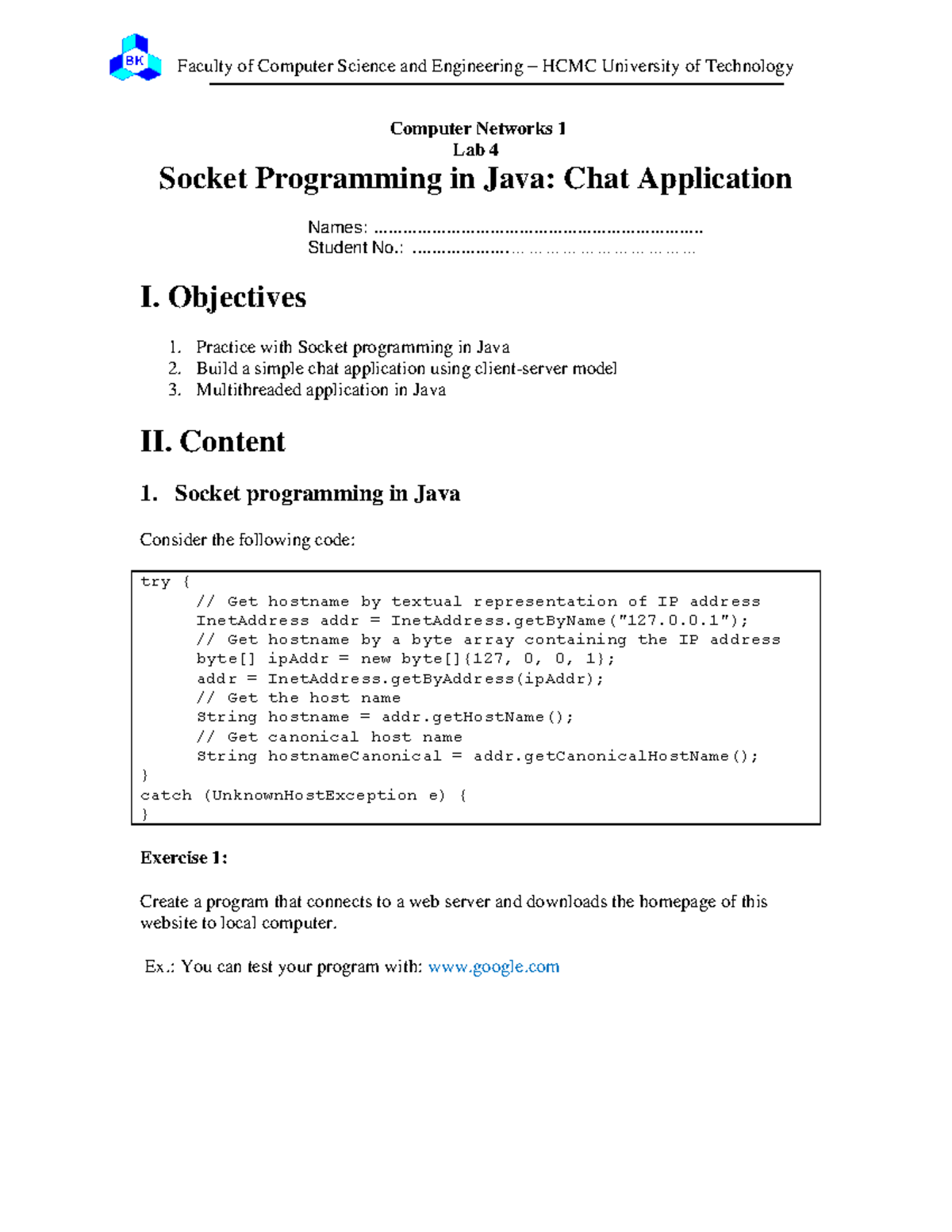 Lab 2c Socket Programming in Java - Computer Networks 1 Lab 4 Socket ...