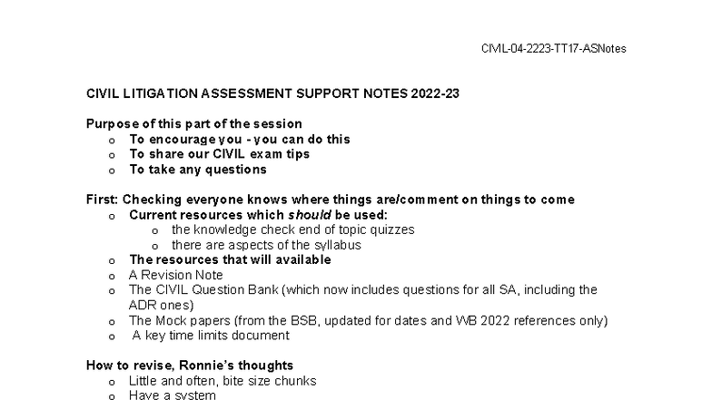 Civil litigation assessment support notes - Page 1 of 5 CIVIL ...