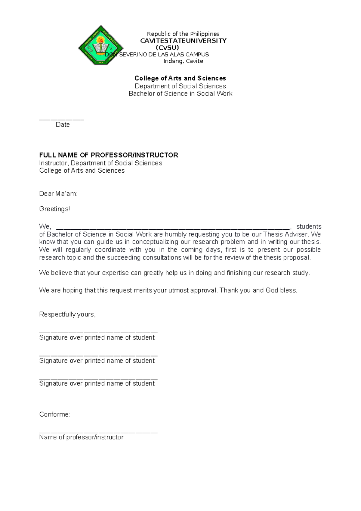 Conforme Letter Requesting Thesis Adviser for BS in Social Work - Studocu