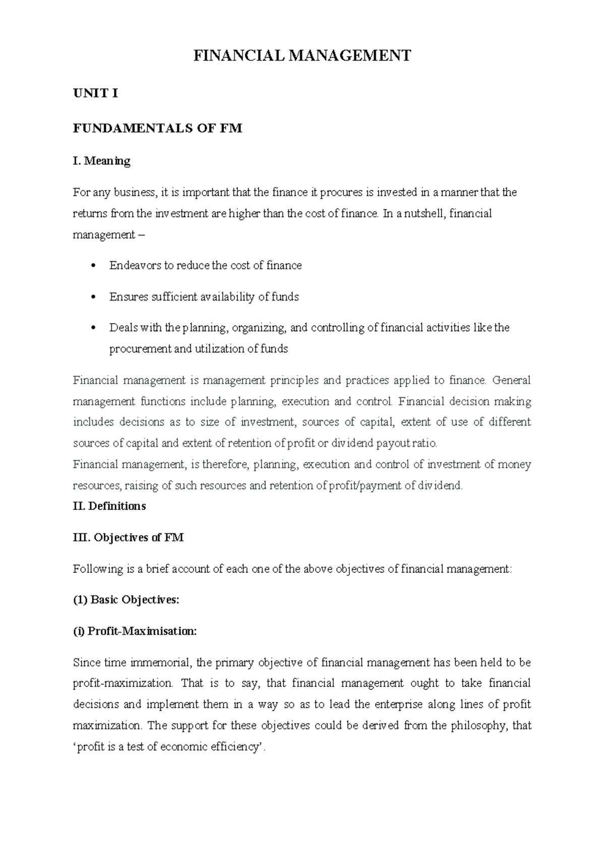 Financial Management: Key Concepts and Objectives Overview - Studocu