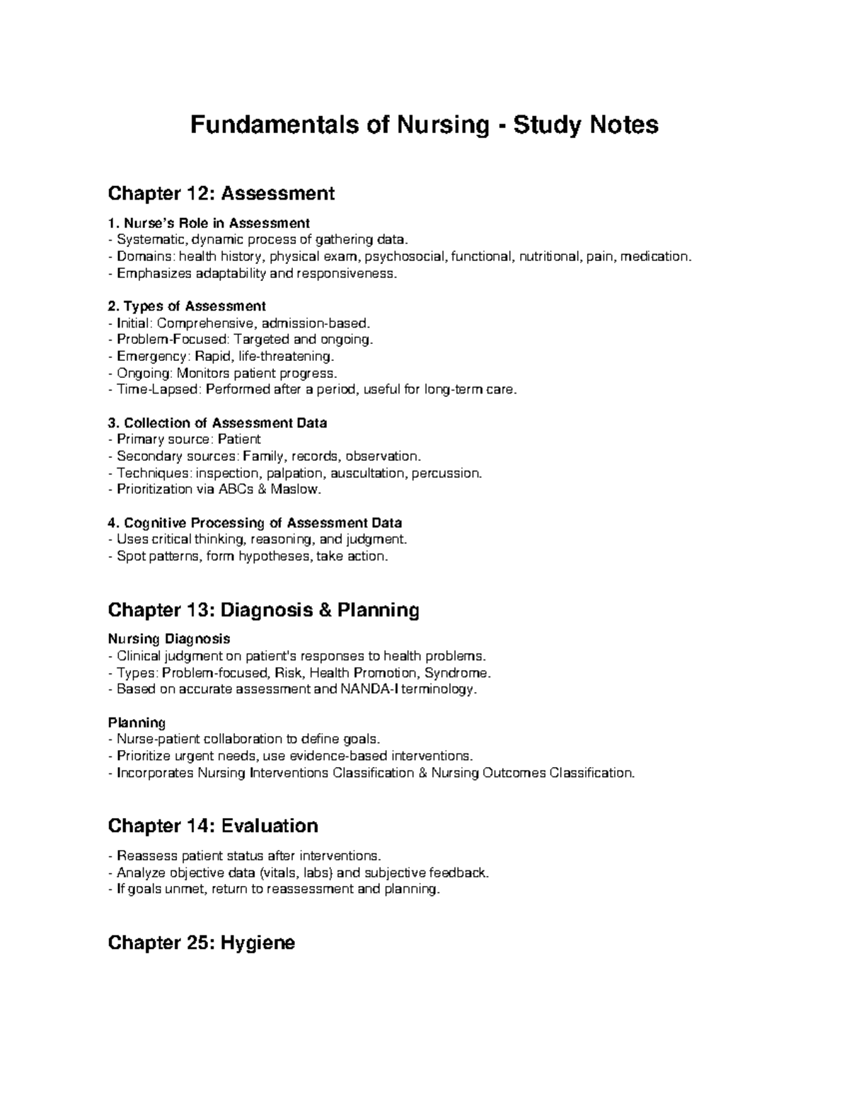 NUR 101: Study Notes on Assessment, Diagnosis, and Evaluation - Studocu