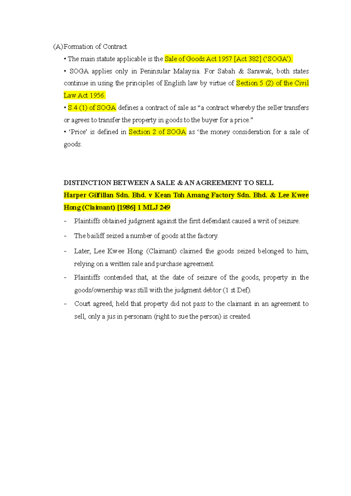 Formation of Contract - Key Notes & Case Analysis (Law 101) - Studocu