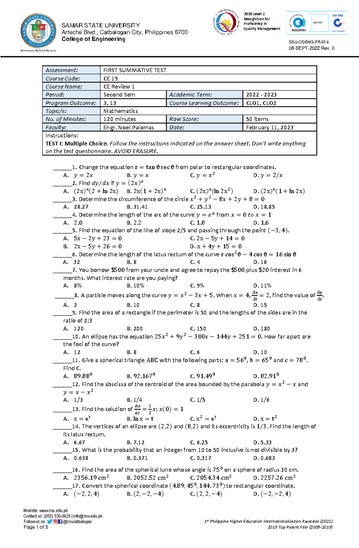 1st-Summative- Algebra CE19 - SSU-ODENG-FR- 014 08 - SEPT-2022 Rev. 0 ...