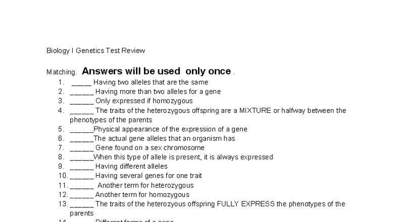 Biology I Genetics Test Review: Matching & Punnett Squares - Studocu