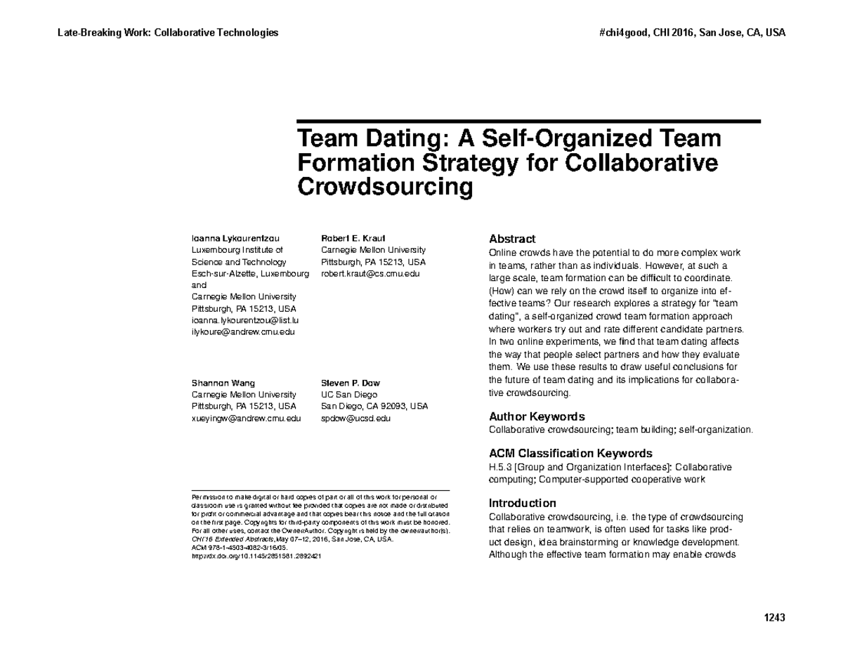 Team Dating: A Strategy for Collaborative Crowdsourcing CHI 2016 - Studocu