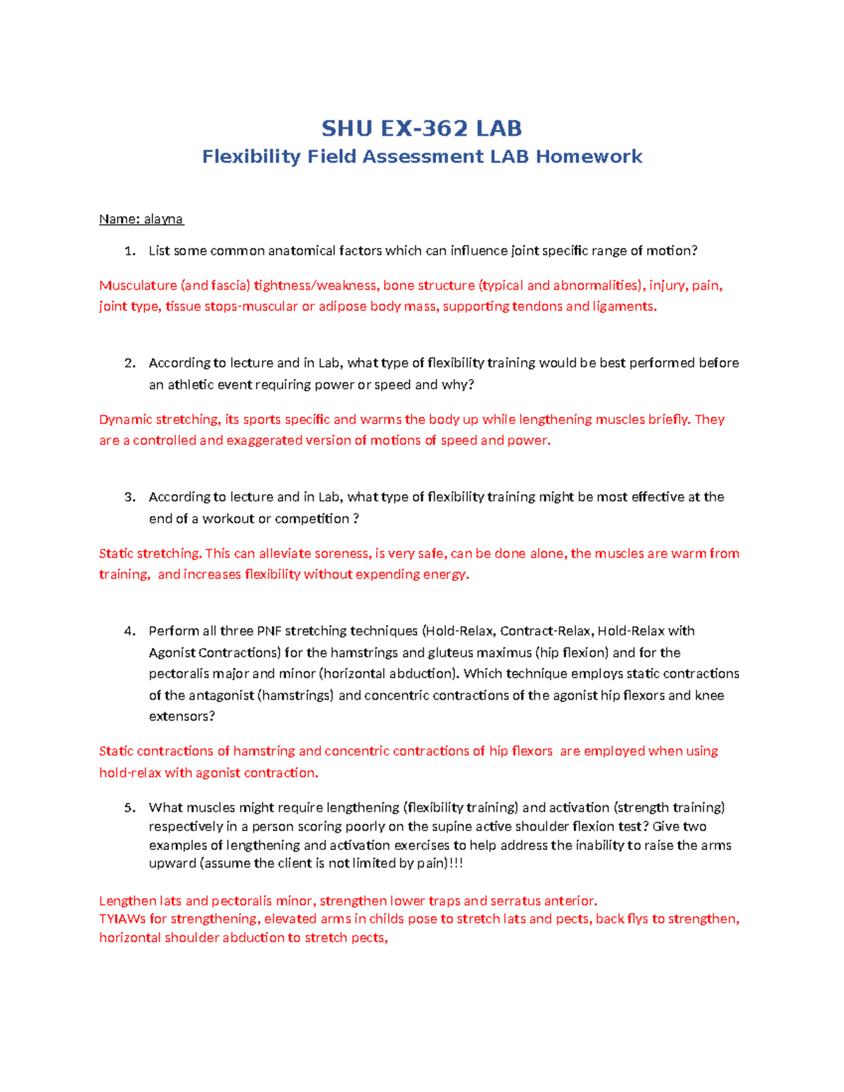 SHU EX 362 LAB 7 Flexibility Homework 20 - SHU EX-362 LAB Flexibility ...