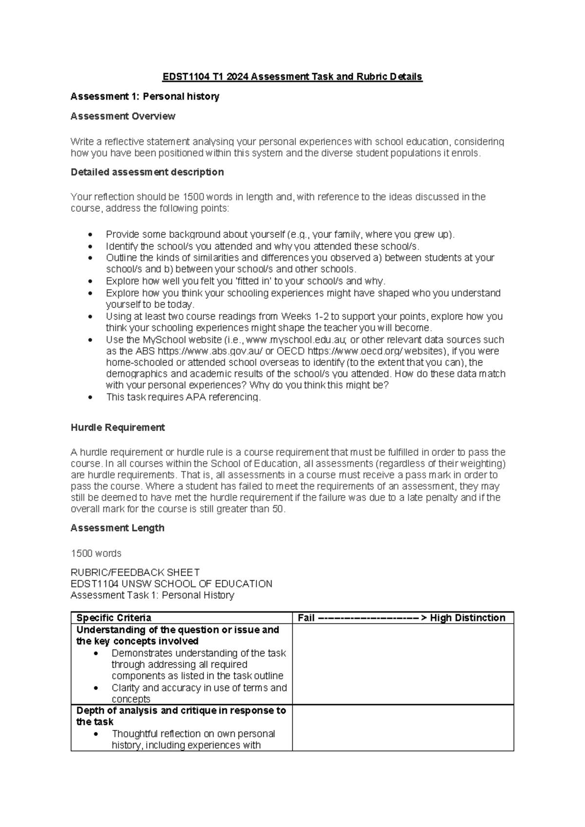 EDST1104 T1 2024 Assessment Task and Rubric - Detailed assessment ...